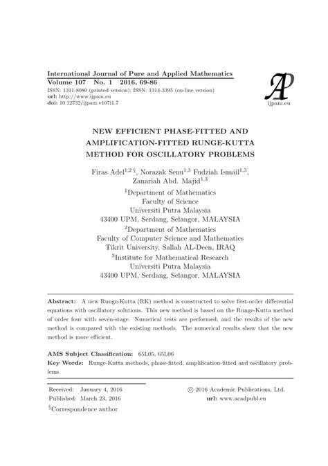 Pdf New Efficient Phase Fitted And Amplification Fitted Runge Kutta Method For Oscillatory