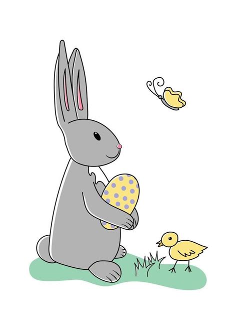 Grey Easter Rabbit With Modern Decorated Egg Yellow Butterfly And
