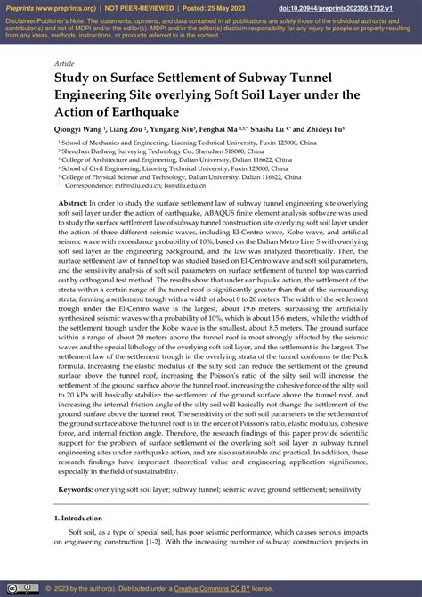 PDF Study On Surface Settlement Of Subway Tunnel Engineering Site