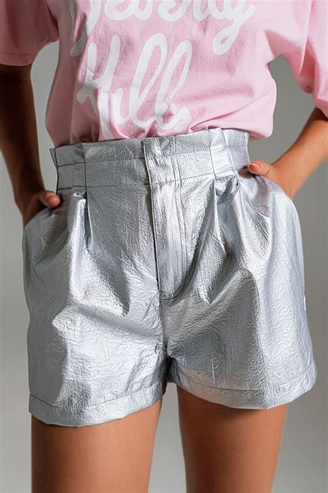 Silver Metallic Shorts With Front Dart Regular Fit Party Shorts