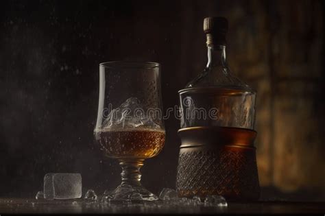 Whiskey Glass Brandy Bottle Of Whiskey With Ice Glass Of Scotch