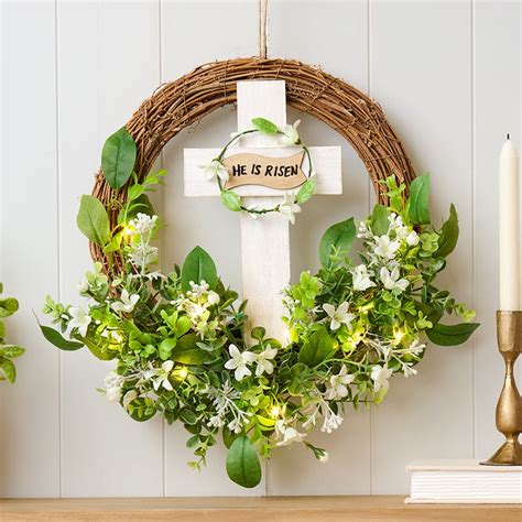 Easter Wreath With Cross He Is Risen Message Lighted With Florals Ltd