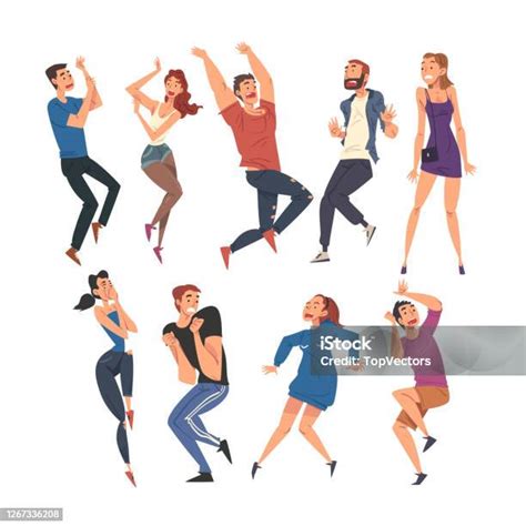 무서운 사람들 세트 뭔가를 두려워 남자와 여자 두려움 자신의 얼굴 만화 스타일 벡터 일러스트에 공포 표정으로 충격 사람 남자에 대한 스톡 벡터 아트 및 기타 이미지 Istock