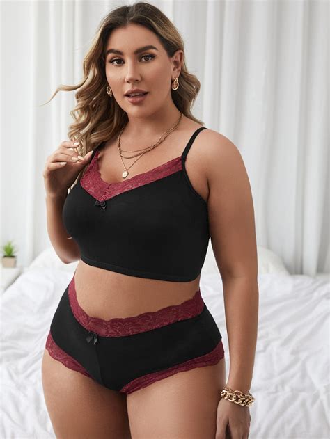 Plus Lace Trim Lingerie Set Negative Apparel