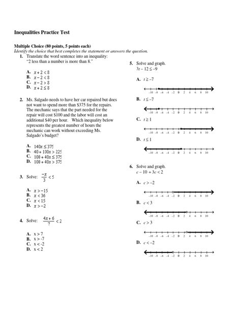 Inequalities Practice Test Pdf