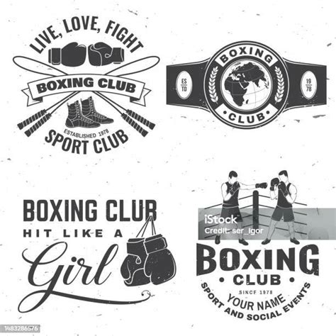 권투 클럽 배지 세트 디자인 벡터 그림입니다 권투 스포츠 클럽 엠블럼 기호 패치 셔츠 템플릿 빈티지 흑백 라벨 복서 스티커 장갑 권투 줄넘기 반지 실루엣 개념 기호에 대한