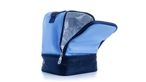 쿨러 백 흰색 배경에 고립 된 차가운 점심 식사를위한 파란색 캠핑 냉동고 상자 점심 배달 여행을위한 쿨러 가방 가방에 대한 스톡 사진 및 기타 이미지 Istock