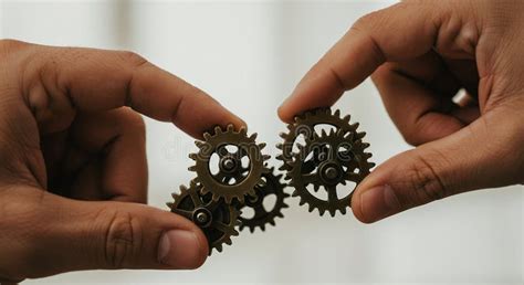 Hands Holding Interlocking Bronze Gears Symbolizing Teamwork And
