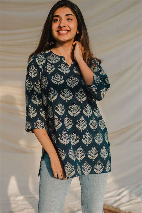 Kamya Blue Ajrakh Short Top Short Kurti Designs Cotton Short Tops