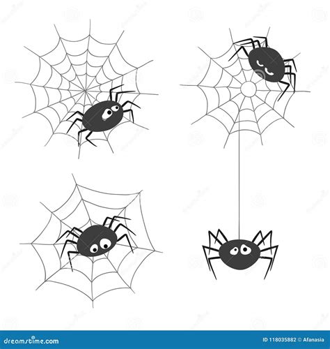 Set Of Cute Cartoon Spiders And Spiderwebs Isolated On White Background