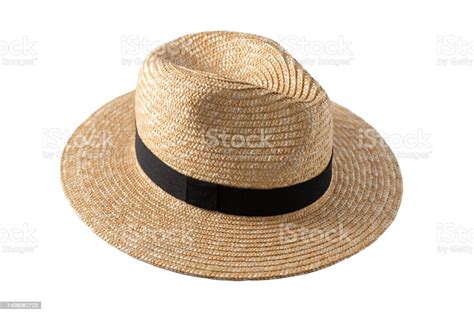 밀짚 페도라 모자가 고립되었습니다 검은 리본이 달린 여름 모자 흰색 배경에 캡 0명에 대한 스톡 사진 및 기타 이미지 0명