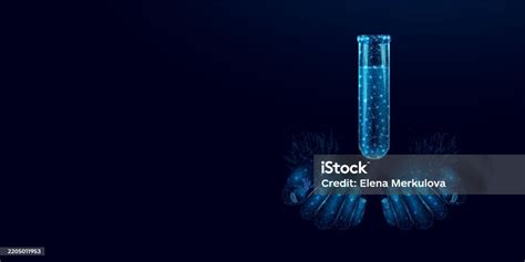 시험관 어두운 배경에 빛나는 파란색 낮은 폴리 와이어 프레임 유리 플라스크 의료 산업 및 화학 실험실을 위한 벡터 일러스트 레이 션 디자인 개념 3차원 형태에 대한 스톡