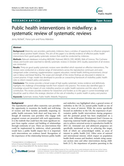 Pdf Public Health Interventions In Midwifery A Systematic Review Of Systematic Reviews