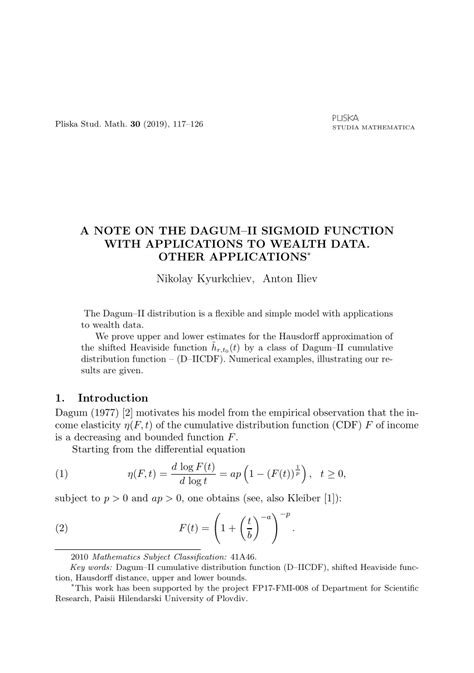 Pdf A Note On The Dagumii Sigmoid Function With Applications To Wealth Data Other Applications