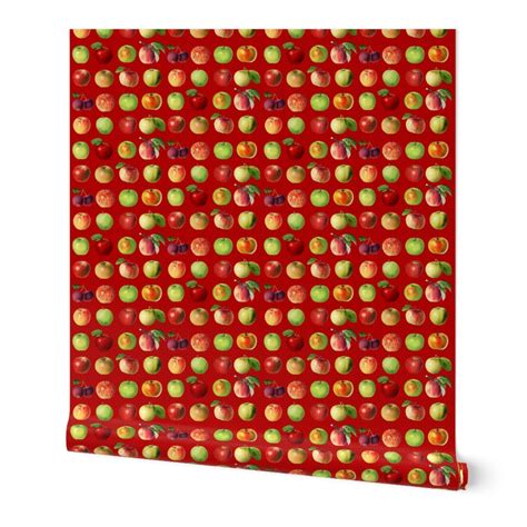 Tiny Apples And Black Dots On Red Ground Wallpaper Spoonflower