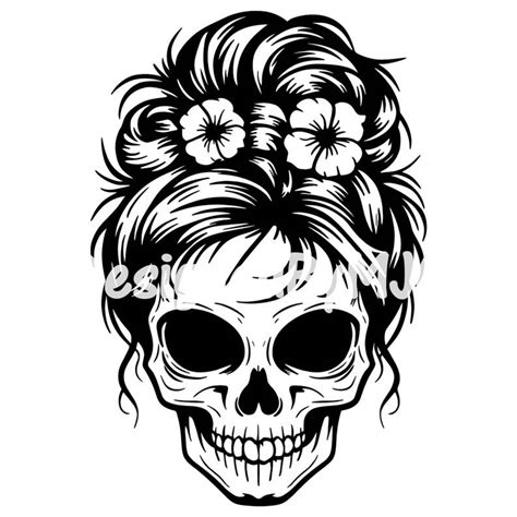 Messy Bun Girl Skull Svg Clipart And Png Files Skeleton Mom Bun Hair