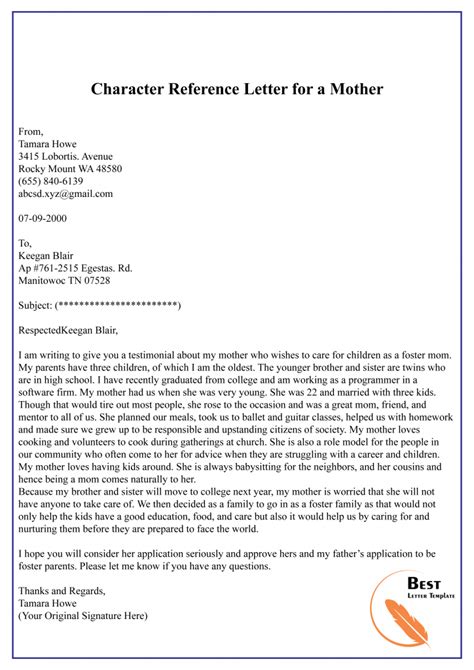 Character Reference Letter Template Format Sample And Example