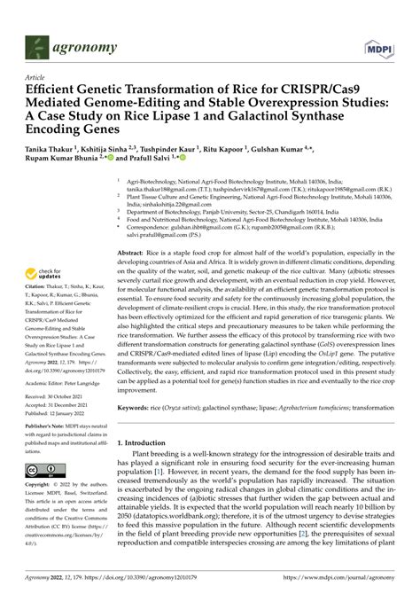 Pdf Efficient Genetic Transformation Of Rice For Crisprcas9 Mediated