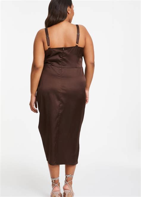 Quiz Brown Curve Satin Ruched Midi Dress Matalan