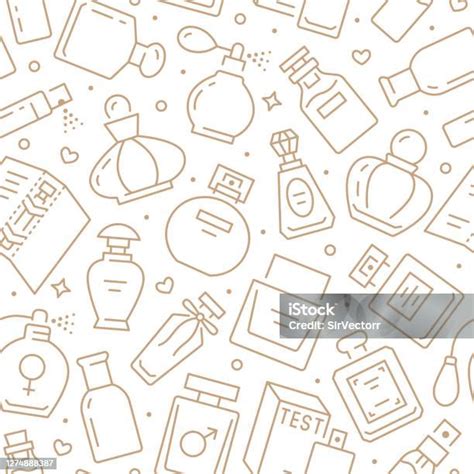 라인 아이콘이 있는 향수 병의 매끄러운 패턴 벡터 배경 일러스트는 유리 분무기로 아이콘을 포함 고급 Parfum 샘플러 에센셜 오일 화장품 상점쾰른 골드 화이트 벽지 0명에