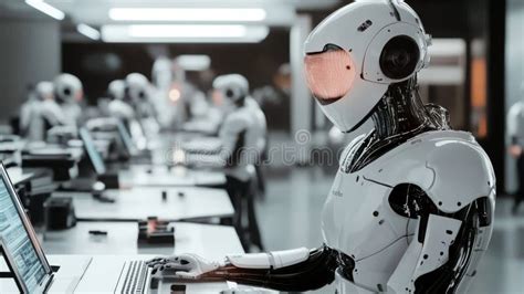 Futuristic Robot Working At Computer In A High Tech Office Environment