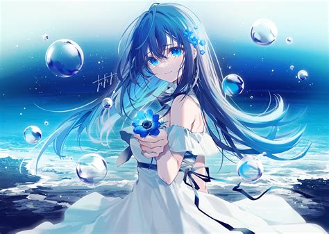 Aqua Eyes Blue Blue Hair Bubbles Dress Flowers Long Hair Original Oshio Dayo Ribbons Summer