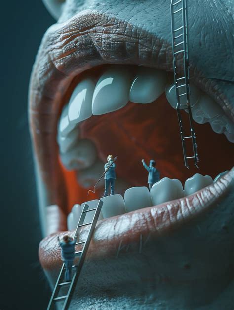 얼굴의 클로즈업 거대한 입안에서 작은 치과의사가 사다리 위에 서서 치아를 스캔하고 있는 모습 사실적이고 귀엽습니다