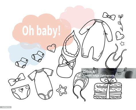 손으로 그린 아기 옷의 요소를 설정하십시오 아이콘 배너에 대한 만화 스케치 스타일 낙서 0명에 대한 스톡 벡터 아트 및 기타