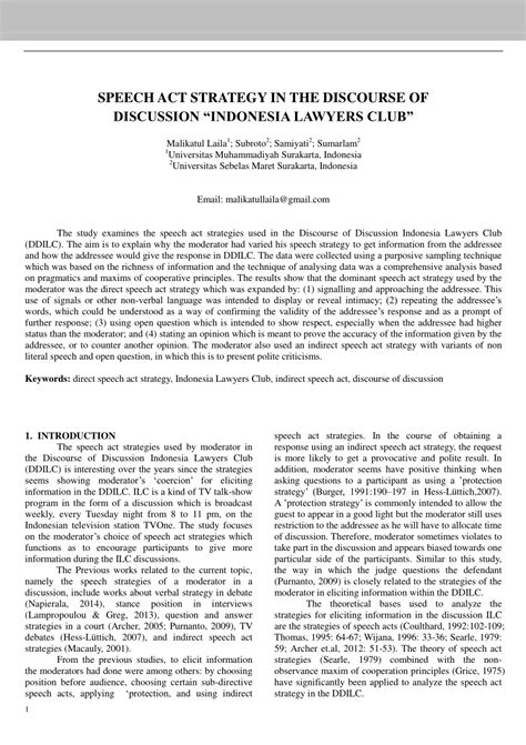 Pdf Speech Act Strategy In The Discourse Of Discussion “indonesia Lawyers Club”
