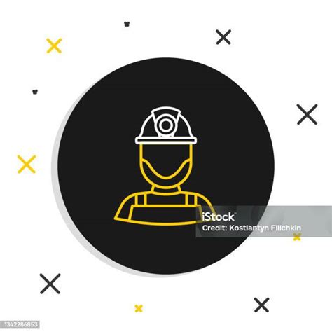 흰색 배경에 고립 된 헬멧 아이콘의 라인 광부 다채로운 개요 개념 벡터 가공의 인물에 대한 스톡 벡터 아트 및 기타 이미지