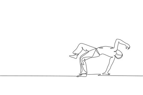 Dibujo de una sola línea continua de un joven practicando danza de movimiento de capoeira