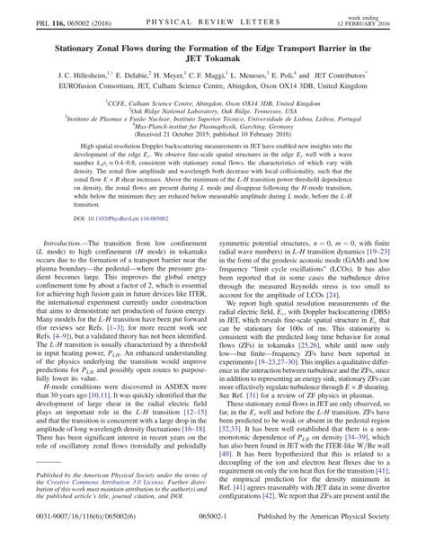 Pdf Stationary Zonal Flows During The Formation Of The Edge Transport Barrier In The Jet Tokamak