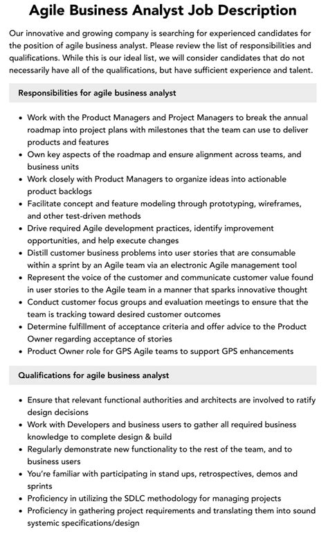 Agile Business Analyst Job Description Velvet Jobs