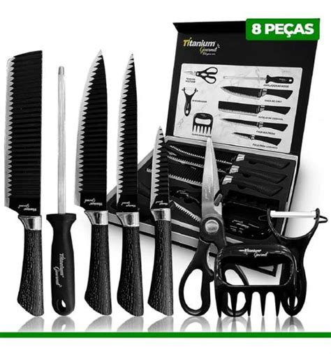 Jogo De Facas Faqueiro Churrasco Antiaderente 8 Peças Inox Titanium