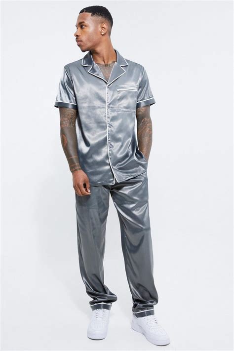 Short Sleeve Revere Satin Shirt And Straight Trouser Set Boohoo Uk