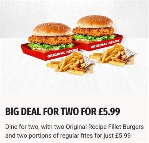 Kfc Big Deal For 2 2 X Original Fillet Burgers 2 Fries Just £5 99