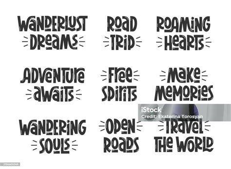 여행 동기 부여 영감 따옴표 세트 벡터 손 Lettering 의 짧은 문구 모험 테마 세계를 여행하고 방랑벽의 꿈을 꾸고 여행을 떠나고 추억을 만들고 길을 열다 격언에 대한