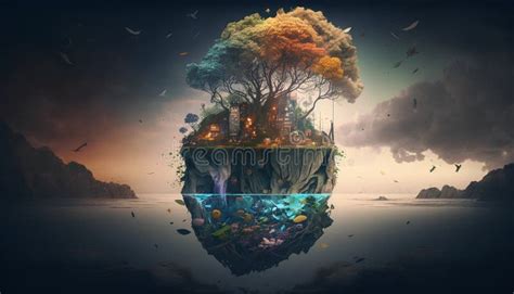 Fantasy Island In The Sea With A Beautiful Magic Tree 3d Render Stock