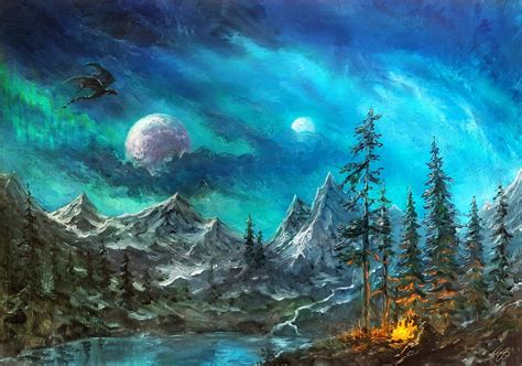 Elder Scrolls Skyrim Nocturne Landscape With A Dragon Flying Limited