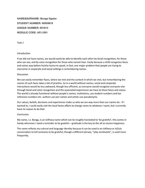 AFL Assignment NAME SURNAME Bonga Ngubo Babe NUMBER UNIQUE NUMBER