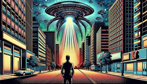 Premium Ai Image Advanced Alien Spacecraft Hovering Above And Beams Of Light Descending