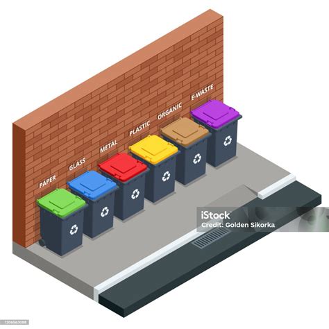 다양한 유형의 가비지 컨테이너입니다 종이 플라스틱 금속 바이오 전자 폐기물 및 유리를 분류합니다 분리 재활용 환경 보호 쓰레기 수거통에 대한 스톡 벡터 아트 및 기타 이미지