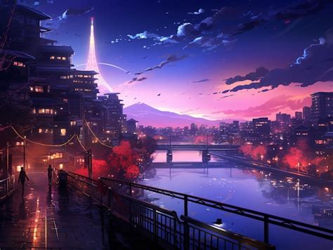 Premium Photo Anime Scenery Of A City At Night With A River And A