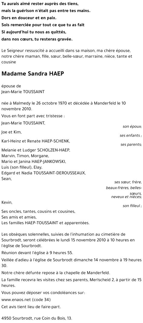 Avis De Décès De Sandra Haep Décédé Le 10112010 à Manderfeld Annonce Condoléances Fleurs