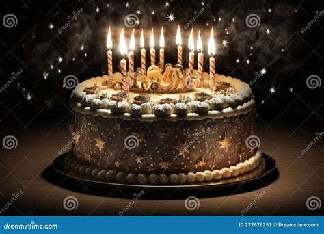 Multi Layered Birthday Cake With Burning Candles For Festive