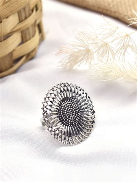Buy Teejh Stone Studded Adjustable Oxidized Finger Ring Ring For