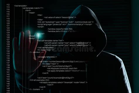 Hacker Using Digital Code On Virtual Screen Cyber Crime Concept Stock