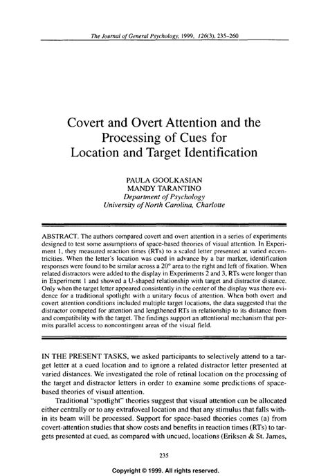 Pdf Covert And Overt Attention And The Processing Of Cues For