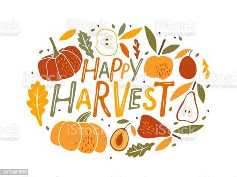해피 하베스트 카드 사과 배 호박 나뭇잎 흰색 배경에 매실로 손으로 그린 글자 벡터 수확 포스터 배너 배지 인쇄 로고 배지를위한