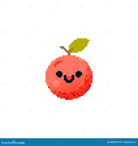 Pixelated Smiling Fruit Icon Cute Pixel Art Of A Red Fruit With A Happy Face And Green Leaf